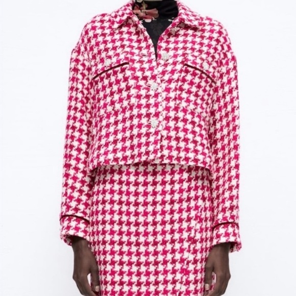 Zara | Jackets & Coats | Zara Pink Raspberry White Tweed Houndstooth ...